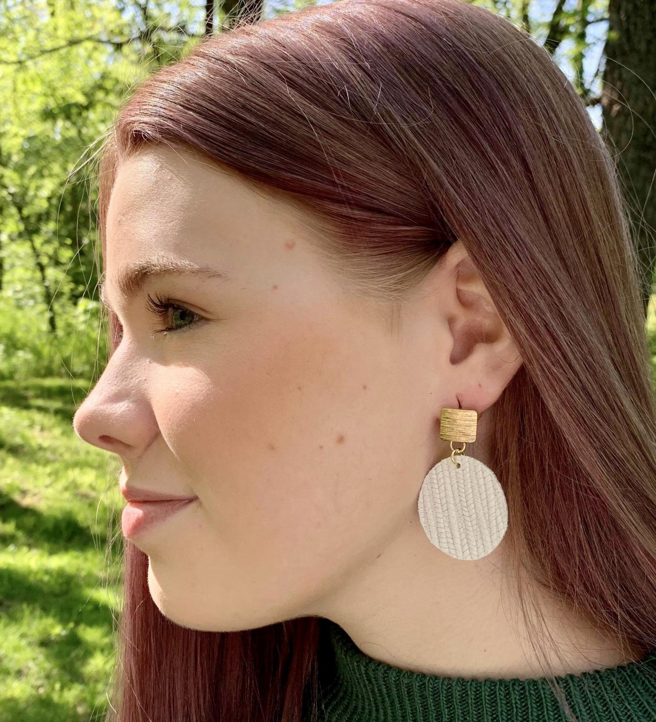 Cute Leather Earrings, Ivory Leather Earrings | Circle Leather Earrings ...